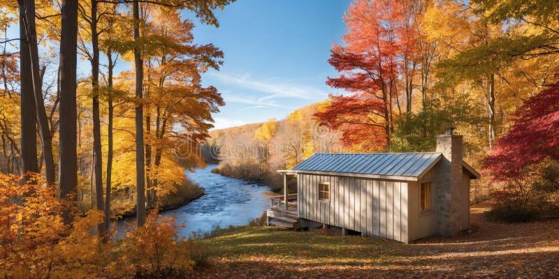 Relaxing Cabin View with River and Fall Foliage. Stock Photo - Image of ...