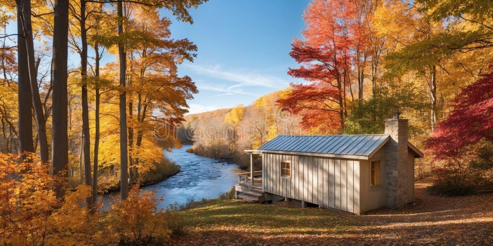 Relaxing Cabin View with River and Fall Foliage. Stock Photo - Image of ...