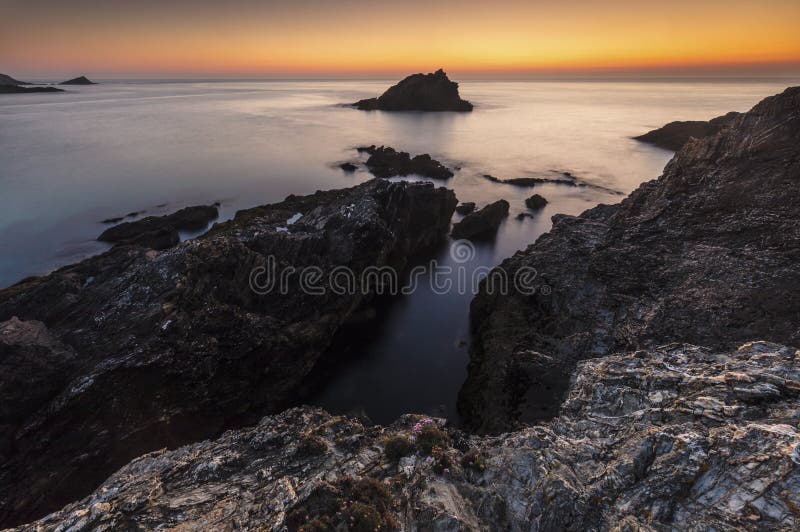 Relaxing Calm Sunset Over the Ocean in Crantock Bay, Cornwall, UK Stock ...