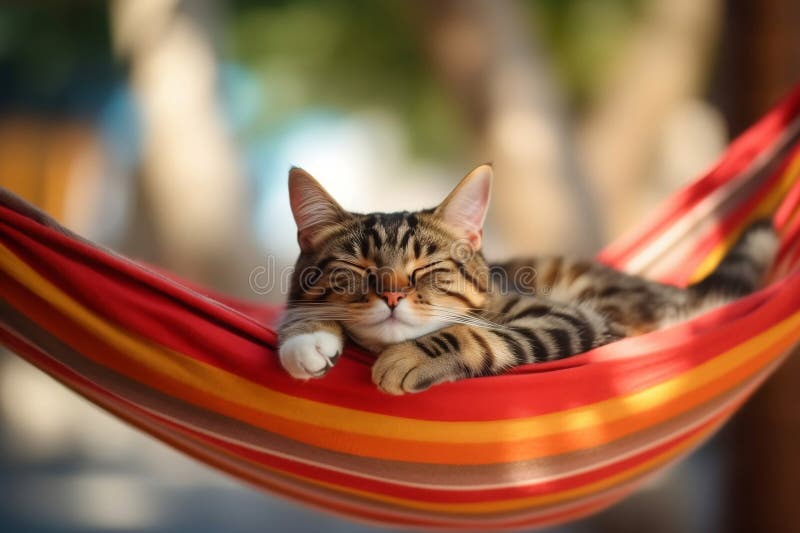 Relaxing Cat on a Hammock Bed with Blurred Background Stock ...