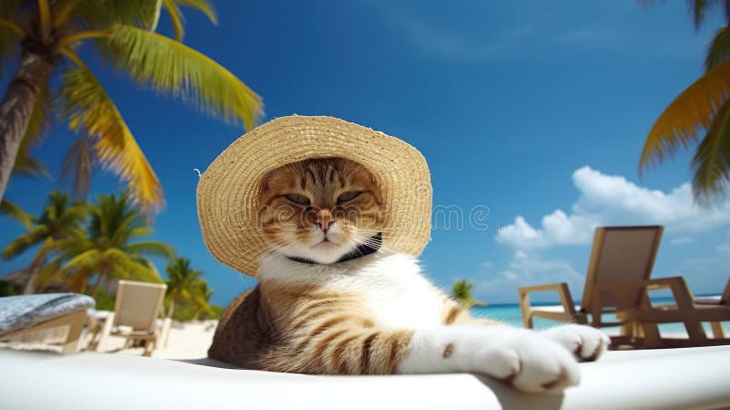 Relaxing Cat Sunbathing on Seaside Beach AI Generated Stock ...