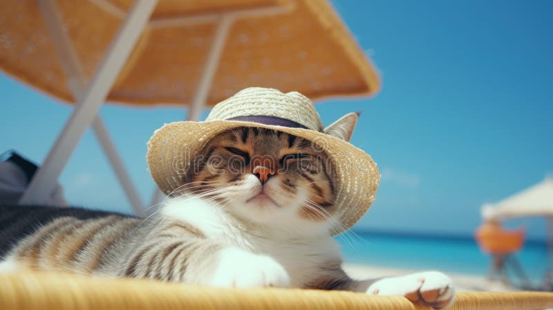 Relaxing Cat Sunbathing on Seaside Beach AI Generated Stock ...