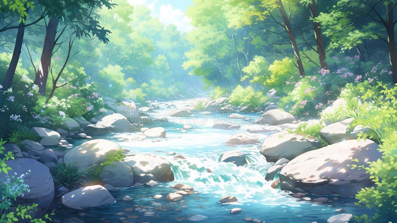 A Relaxing Chilling Flowing River, Anime Artwork Stock Illustration ...