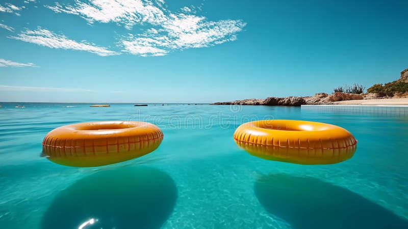 Relaxing Day at the Beach with Bright Yellow Float Tubes in Clear Blue ...