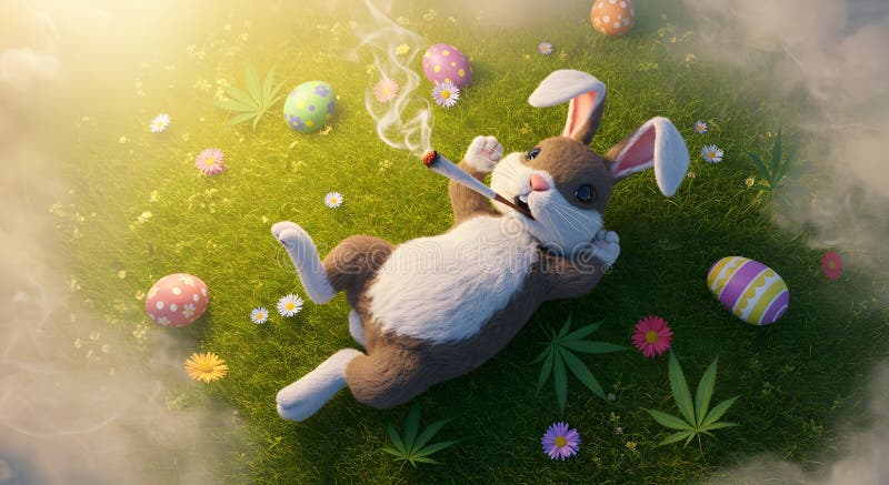 Relaxing Easter Bunny Lying on Grass Surrounded by Decorated Eggs Stock ...