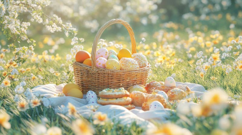 Relaxing Easter Picnic Setup with Festive Basket and Sunny Spring Vibes ...