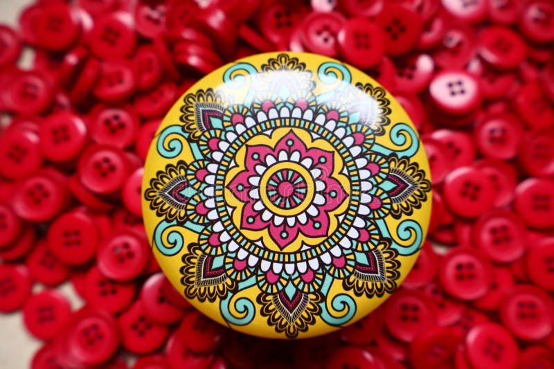 Relaxing and Easy Mandala Design on a Yellow Pot with Red Sewing Button ...