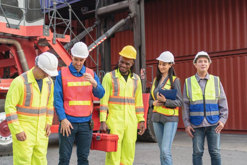 Relaxing Engineer and Foreman Worker Team in Industry Containers Yard, Diverse Team of Workers ...