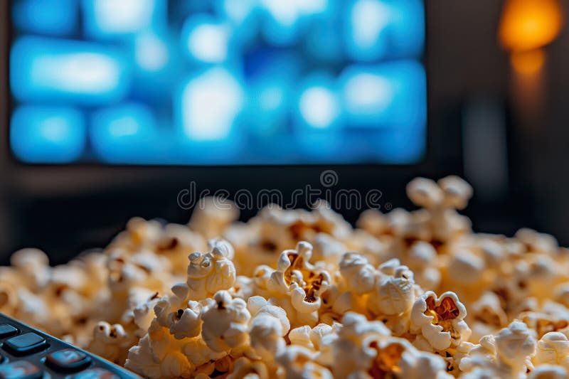 Relaxing Evening with Popcorn and Remote Control in Front of the TV ...