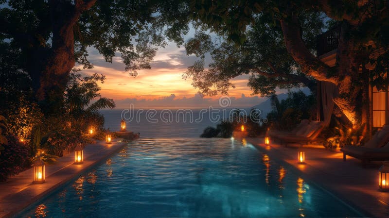 Relaxing Evening at a Stunning Poolside with Lanterns and Ocean View ...