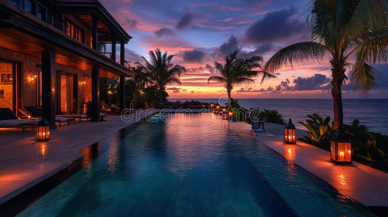 Relaxing Evening at a Stunning Poolside with Lanterns and Ocean View ...