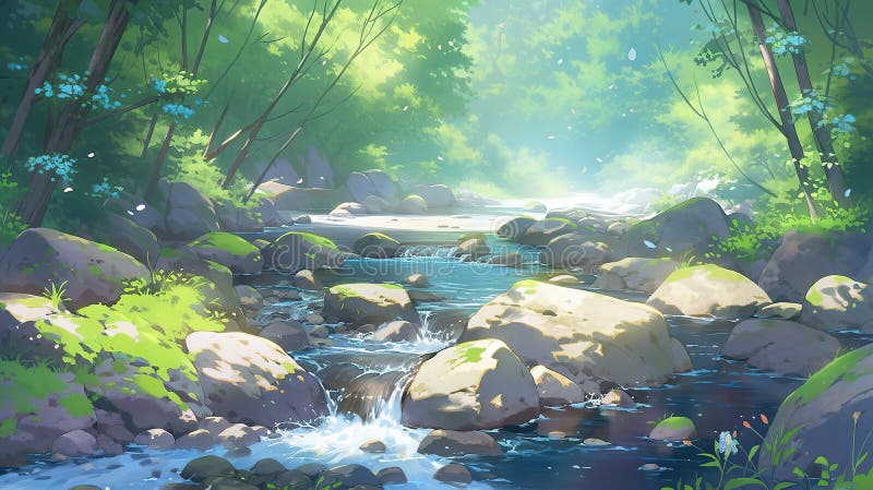 A Relaxing Flowing River Scenery in a Forest, Calm Down Anime Artwork ...