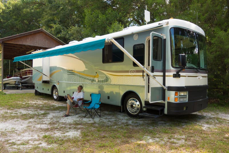 Relaxing in Front of a Class a Motorhome Stock Image - Image of chairs ...