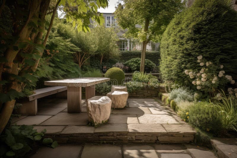 Relaxing Garden with Natural Stone Terrace and Seating for Two Stock ...