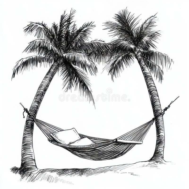 Relaxing Hammock Strung between Two Palm Trees Illustrated Elegantly ...