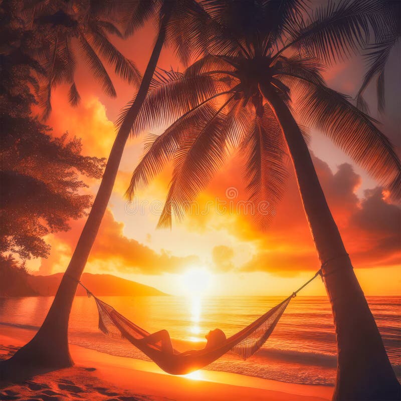 Relaxing in Hammock on Tropical Beach at Sunset. Stock Image - Image of ...