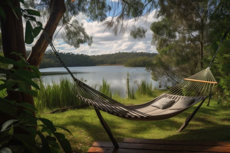 Relaxing Hammock, with View of the Tranquil Lake, and Gentle Breeze ...