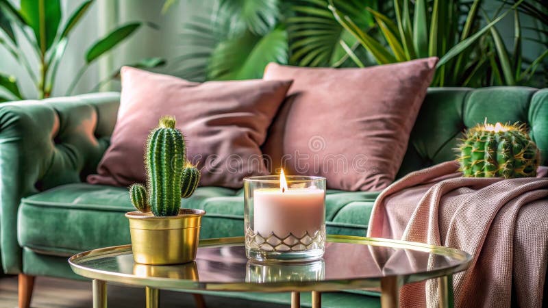 Relaxing Home Decor with Green Velvet Sofa and Plants. Generative AI ...