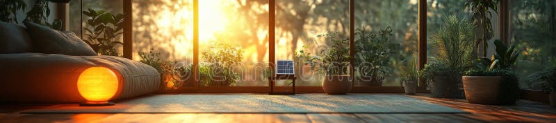 Relaxing Home Interior with Solar Panel and Plants at Sunset Stock ...