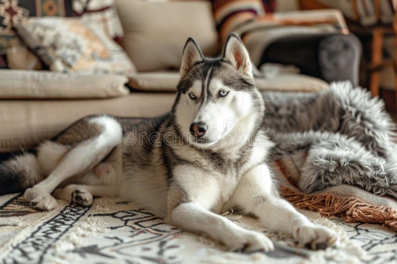 Relaxing Husky in Cozy Home Interior Setting AI Stock Image - Image of ...