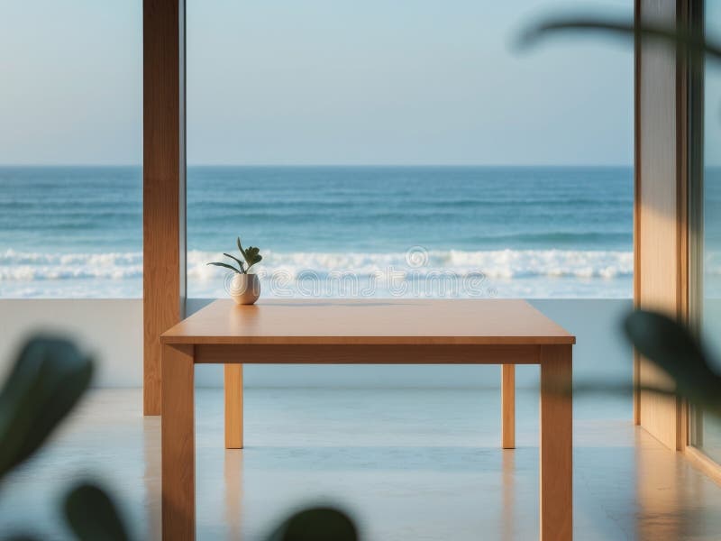Relaxing Indoor Space with a Wooden Table and Stunning Ocean View Stock ...
