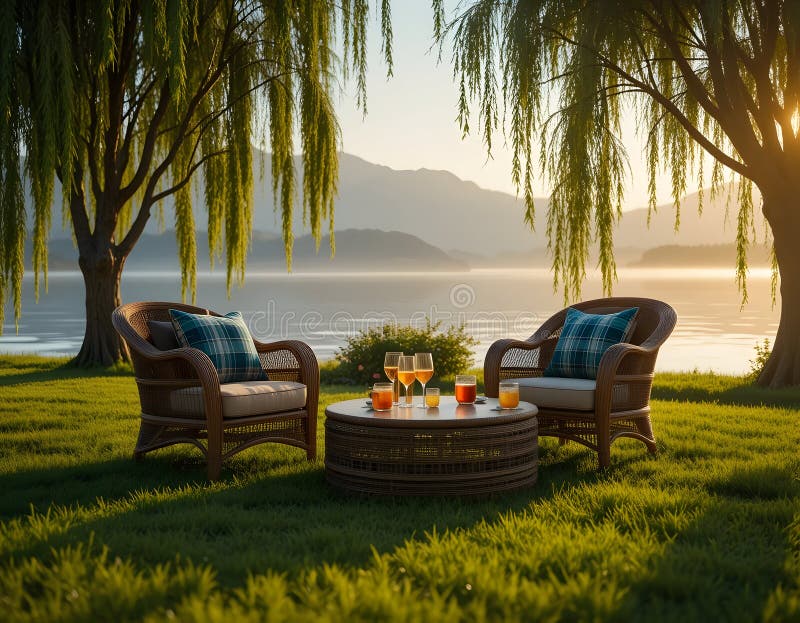 Relaxing Lakeside Seating Area with Drinks Under a Weeping Willow Tree ...