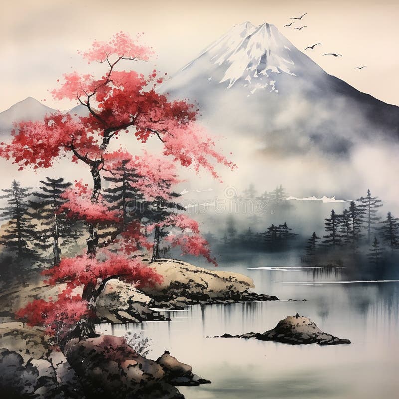 Relaxing Landscape Sumi-e Ink Painting Stock Illustration ...