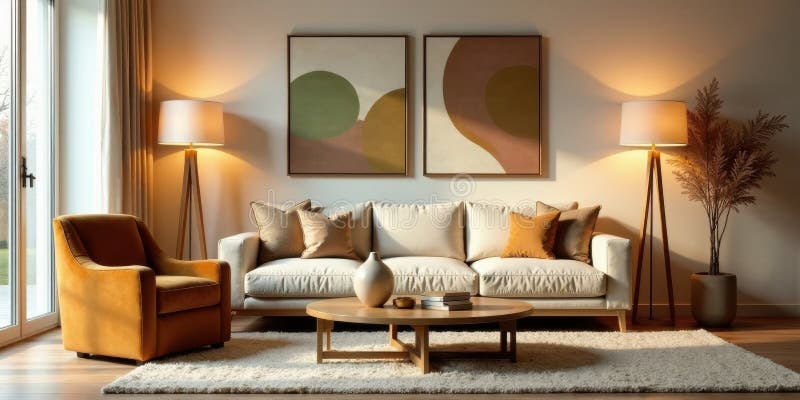 Relaxing Living Room Interior Design with Modern Abstract Art and Warm ...