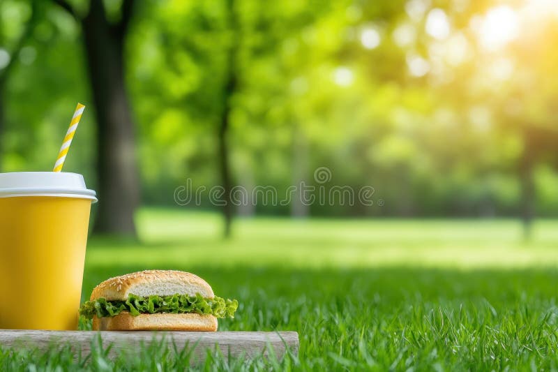 Relaxing Lunch Break Scene in Park with Sandwich and Drink Stock Image ...