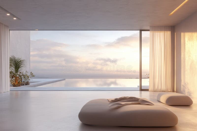 Relaxing Modern Interior with Stunning View of Sunset Over Tranquil ...