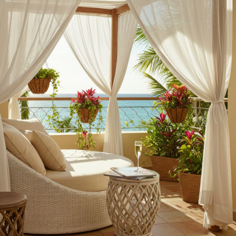 Relaxing Ocean View Balcony with White Chaise Lounge Stock Illustration ...