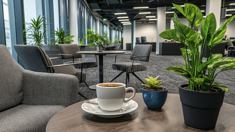 Relaxing Office Break Room with Plants and Coffee Modern Workspace ...