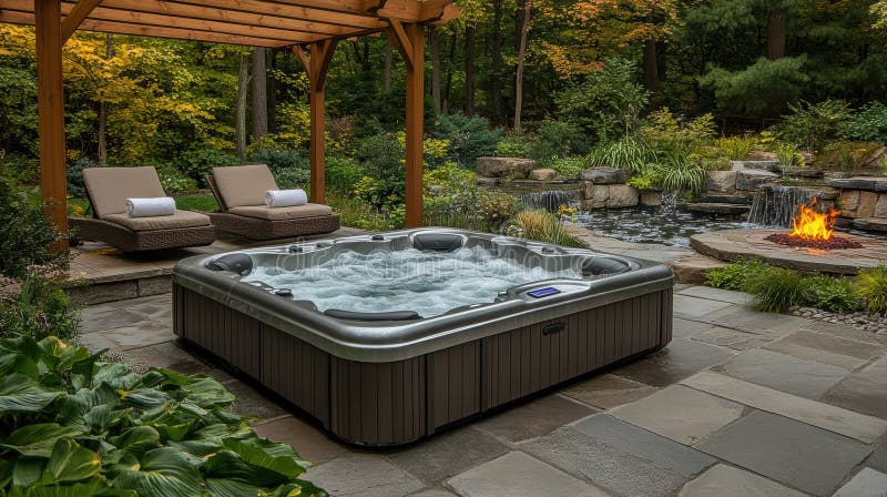 Relaxing Outdoor Spa Retreat with Hot Tub and Fire Pit Surrounded by ...