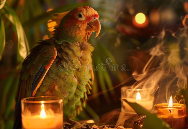 Relaxing Parrot Enjoying a Spa Day with Candles and Towels Stock ...