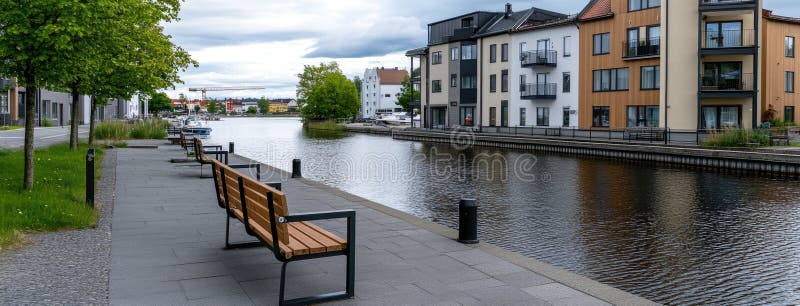 Relaxing Pathway Lined with Benches Leads through a Modern Apartment ...