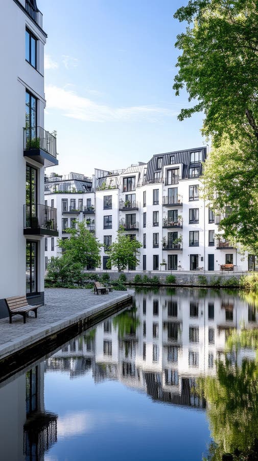 Relaxing Pathway Lined with Benches Leads through a Modern Apartment ...