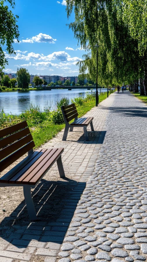 Relaxing Pathway Lined with Benches Leads through a Modern Apartment ...