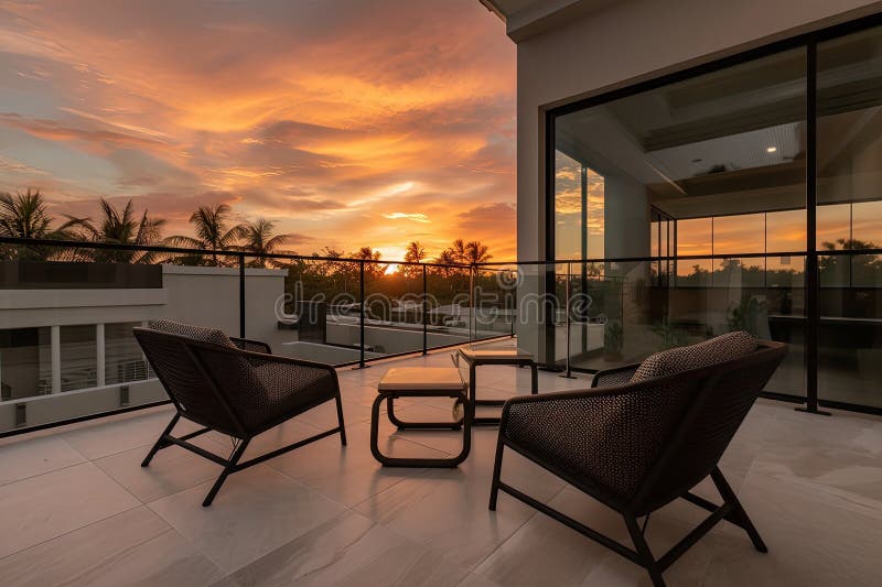 Relaxing Patio with Comfortable Lounge Chairs and a View of the Sunset ...