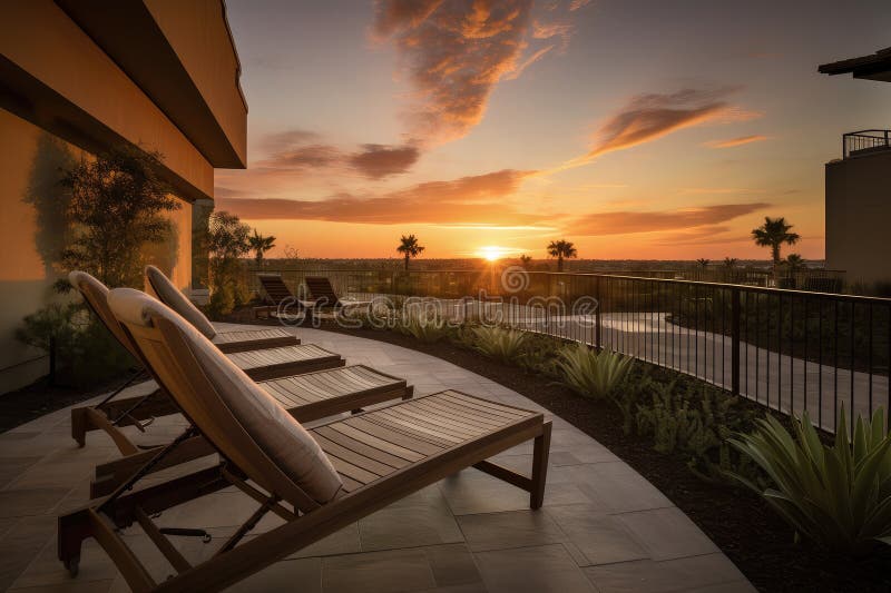 Relaxing Patio with Comfortable Lounge Chairs and a View of the Sunset ...