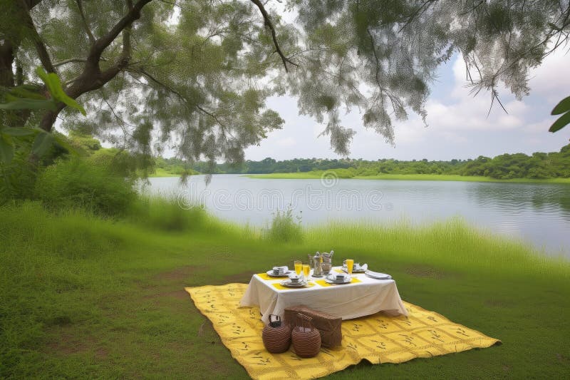 Relaxing Picnic with View of Tranquil Lake, Surrounded by Greenery and ...