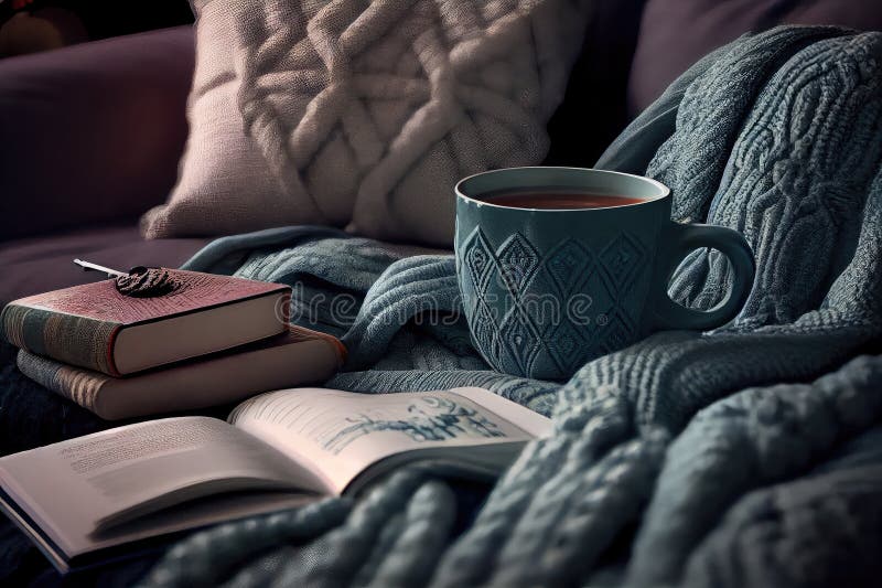Relaxing Place on the Couch with Hot Tea, Book and Cozy Blanket Stock ...
