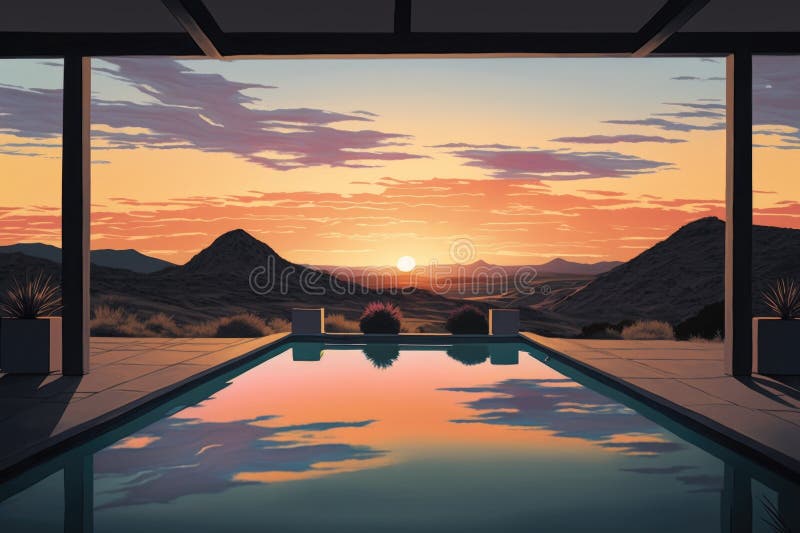 Relaxing Pool with View of the Sunset and Distant Hills Stock ...