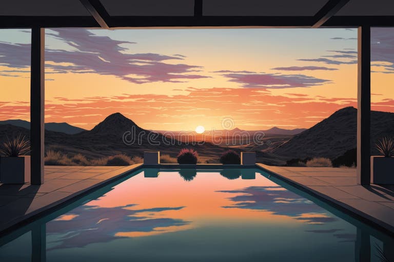 Relaxing Pool with View of the Sunset and Distant Hills Stock ...
