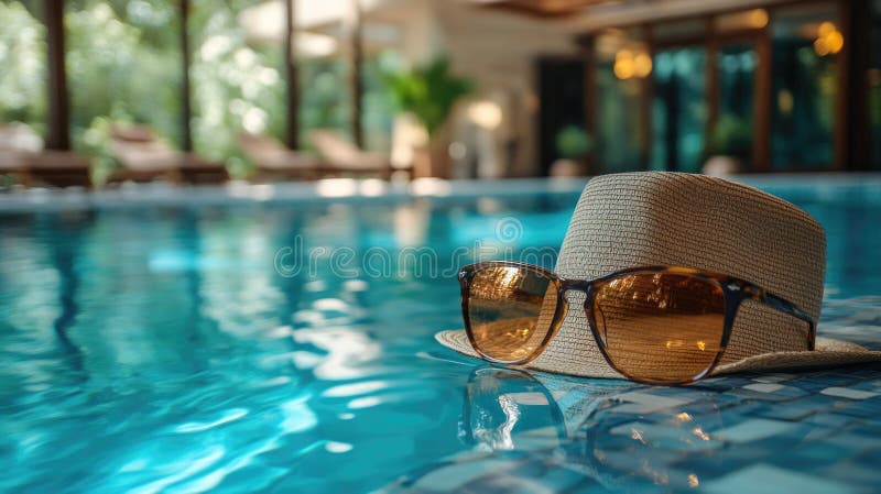 Relaxing Poolside Hat and Sunglasses on Water Surface in Resort Setting ...