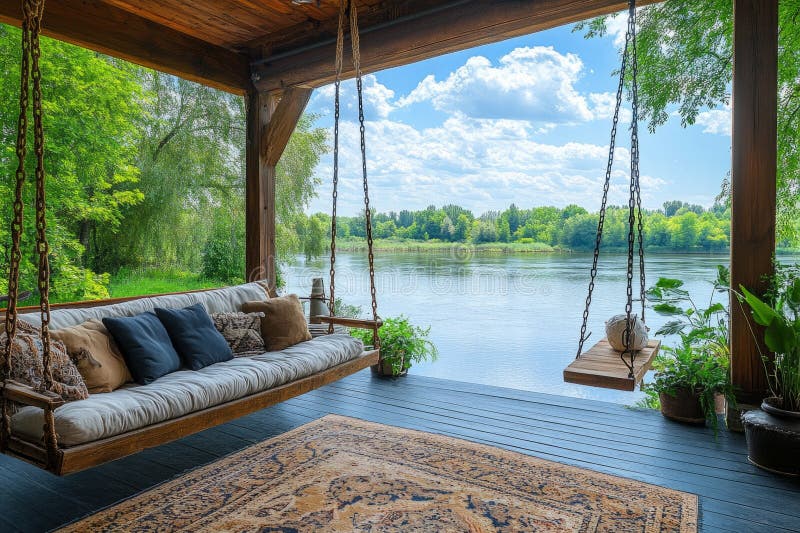Relaxing Porch Swing Hangs Over Tranquil River on Beautiful Summer Day ...