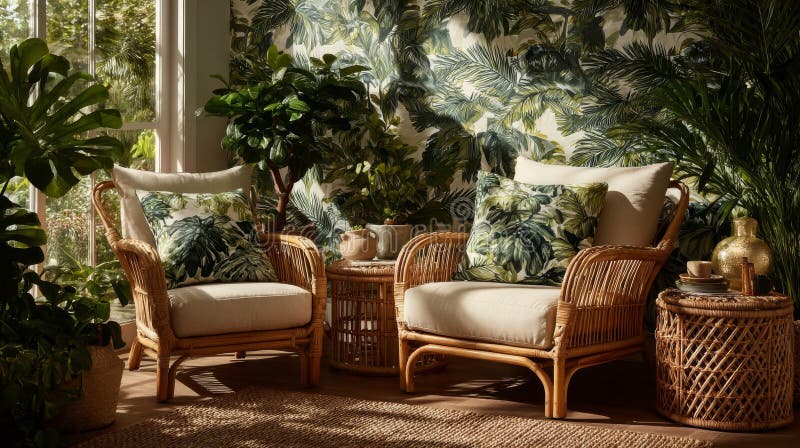 Relaxing Rattan Chairs in a Sunlit Tropical Room Stock Illustration ...