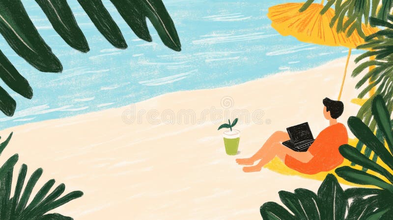 Relaxing Remote Work a Tranquil Beach Setting with a Person on a Laptop ...