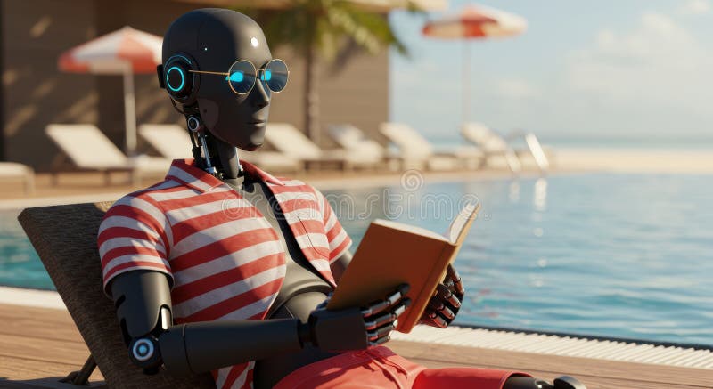 Relaxing Robot in Sunglasses by the Poolside Enjoying a Book Stock ...