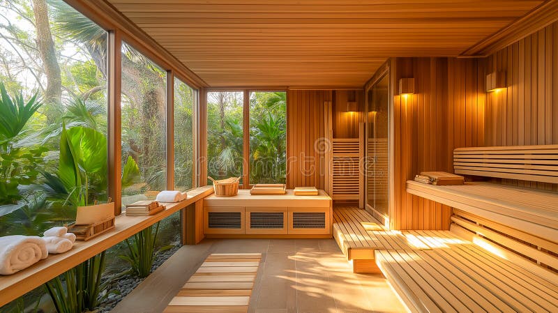 Relaxing Sauna Interior Surrounded by Lush Greenery in a Tranquil ...