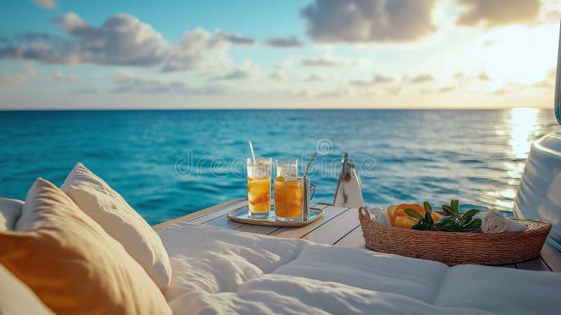 Relaxing Scene on the Deck of a Yacht, with Soft Cushions, Refreshing ...
